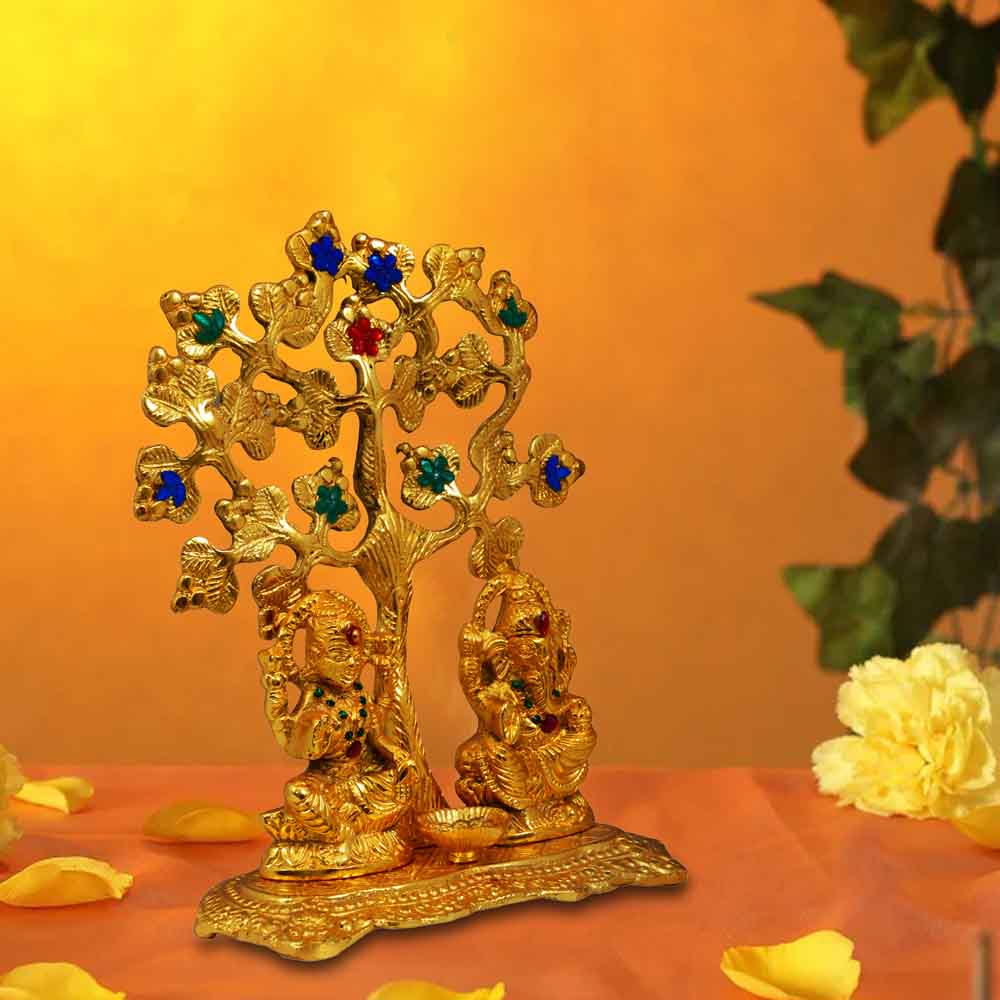 Metal Ganesh Lakshmi Idol with tree for Ganesh Chavithi Decor