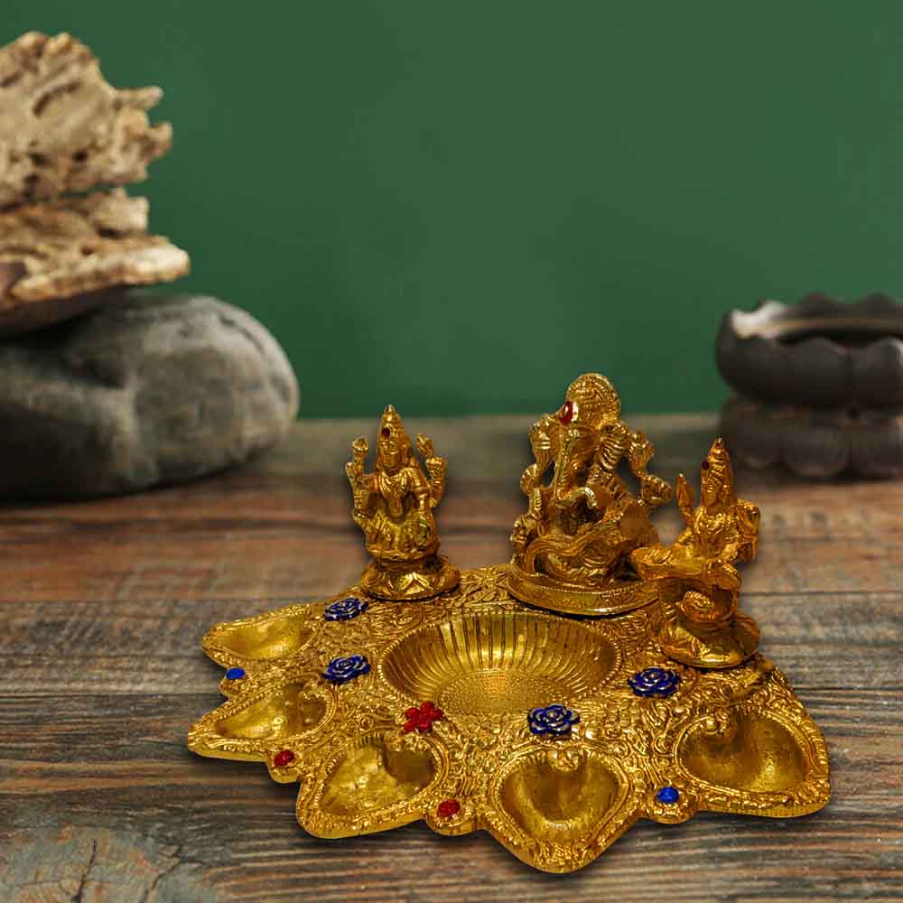 Buy Metal Ganesh Lakshmi Saraswati Idol with Five Diya for Diwali ...