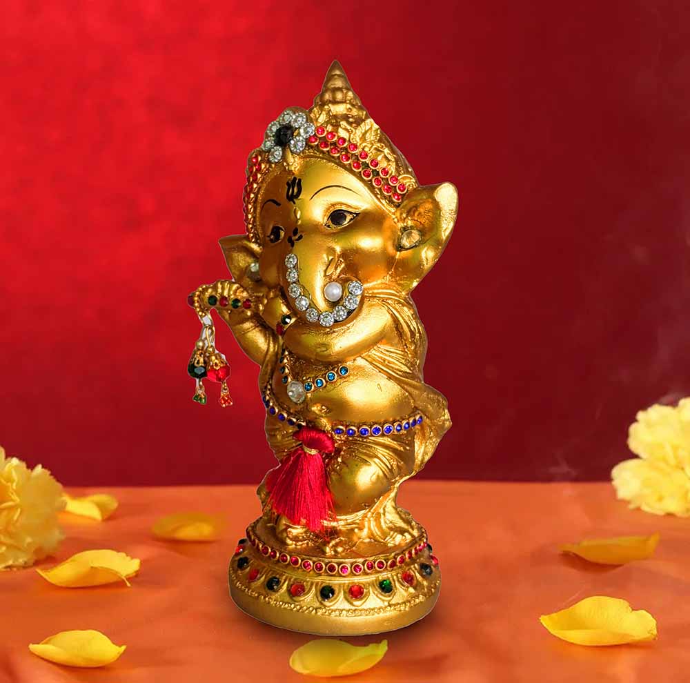 Golden Ganesh Idol Playing Bansuri for Diwali Gift