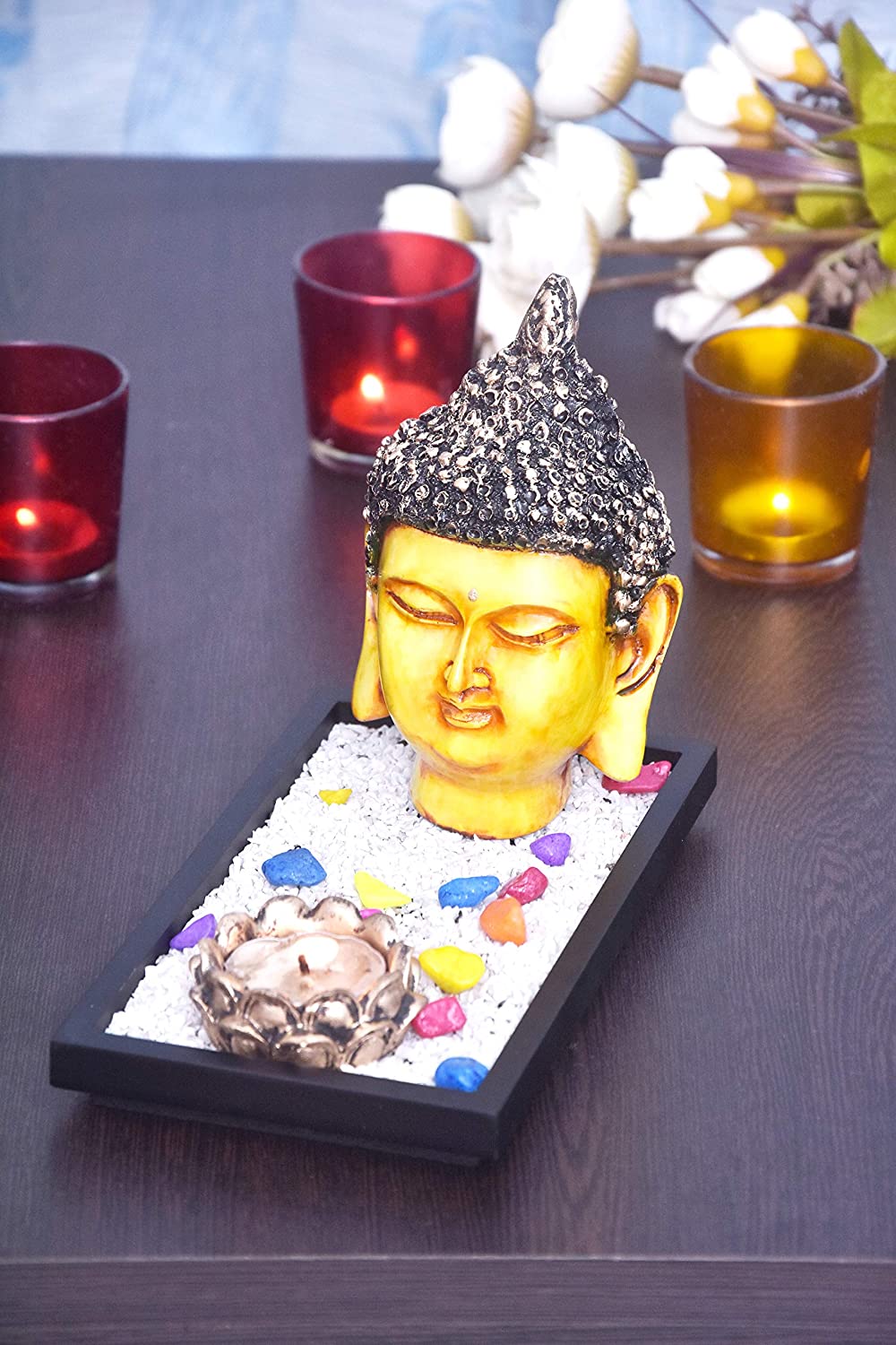 Buy Buddha Face Showpiece with Yellow & Antique Silver Finish – Perfect ...