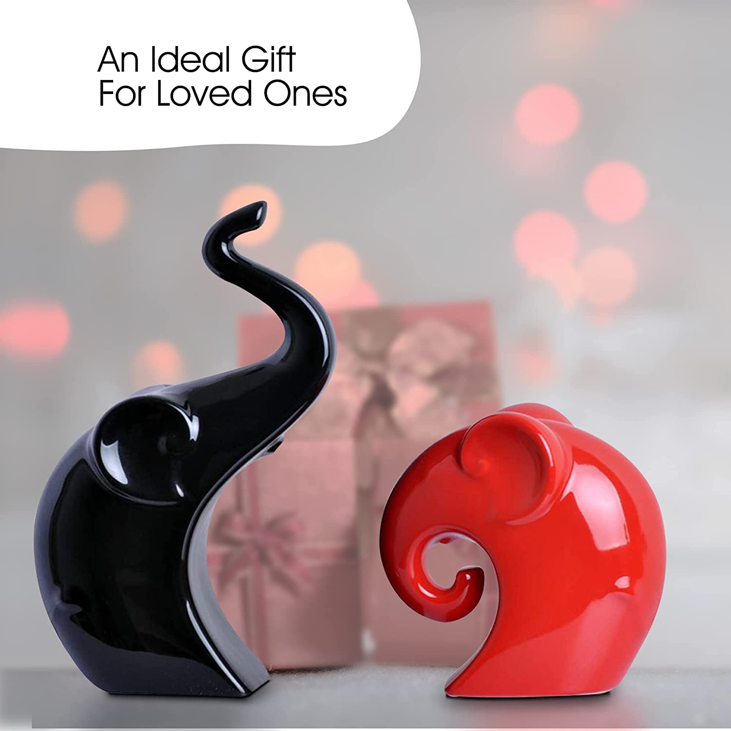 Set of Two Elephant Bust Showpieces in Black and Red Color for Home Decor