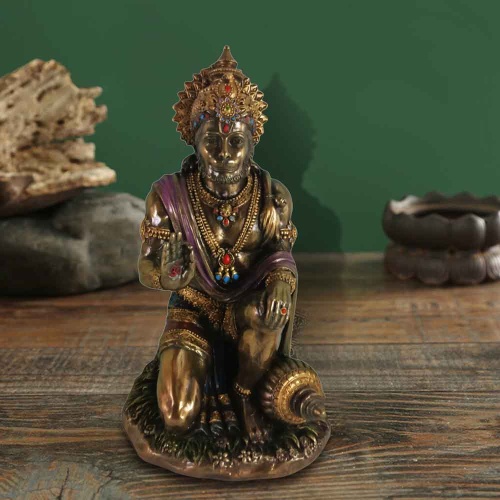 Sitting Hanuman Showpiece on a Platform with Gada for Living Room