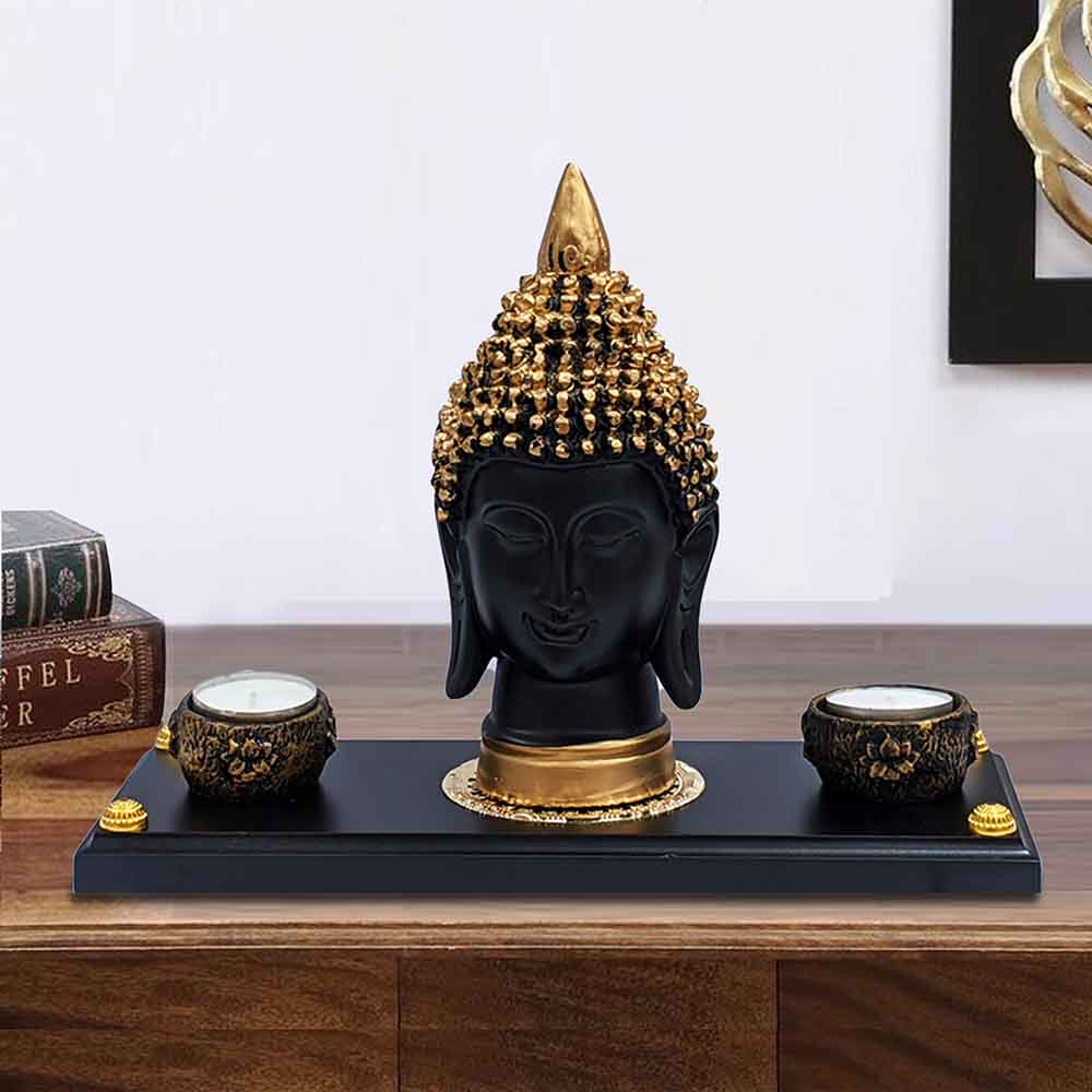 Miniature Buddha Face Showpiece on a Tray with Two Tealight for Home Decor