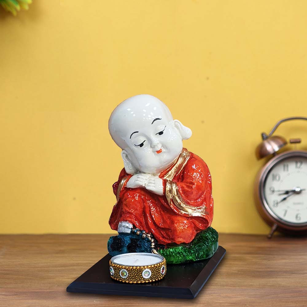 Miniature Orange Baby Monk Buddha Sitting on a Wooden Tray Showpiece ...