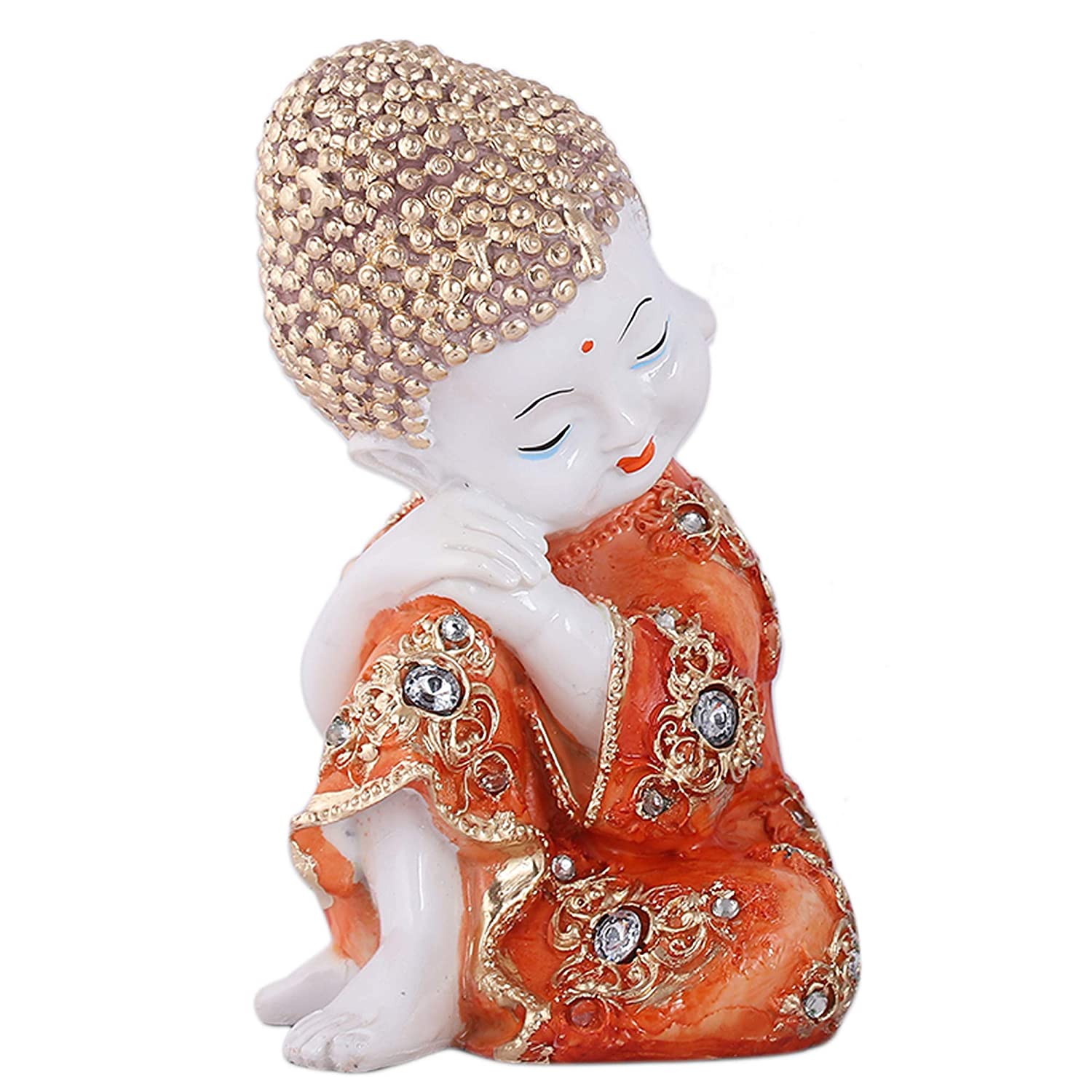 Small Resin White and Orange Baby Buddha Showpiece for Bedroom Decor
