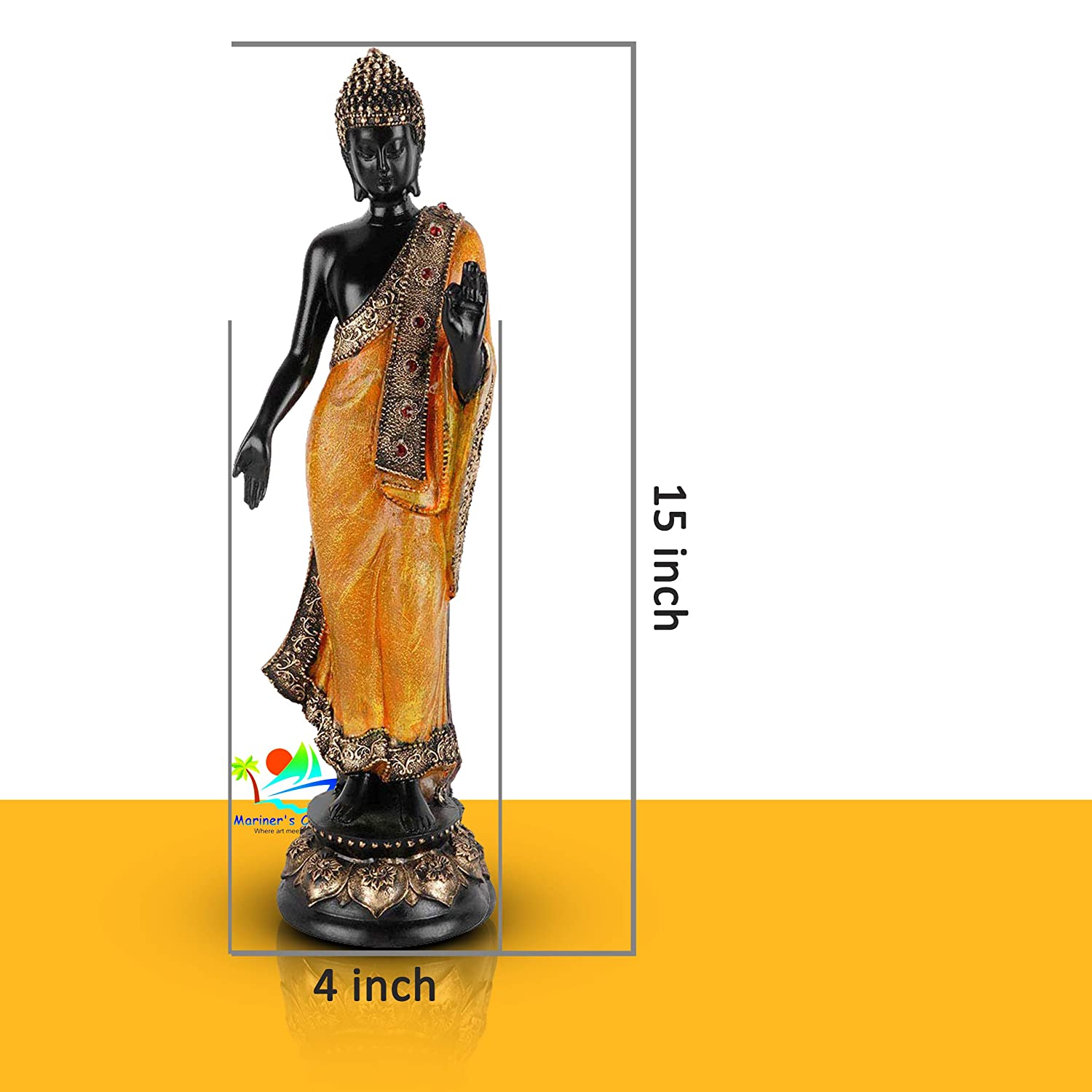 Small Resin Black and Yellow Standing Buddha Showpiece for Corner Table