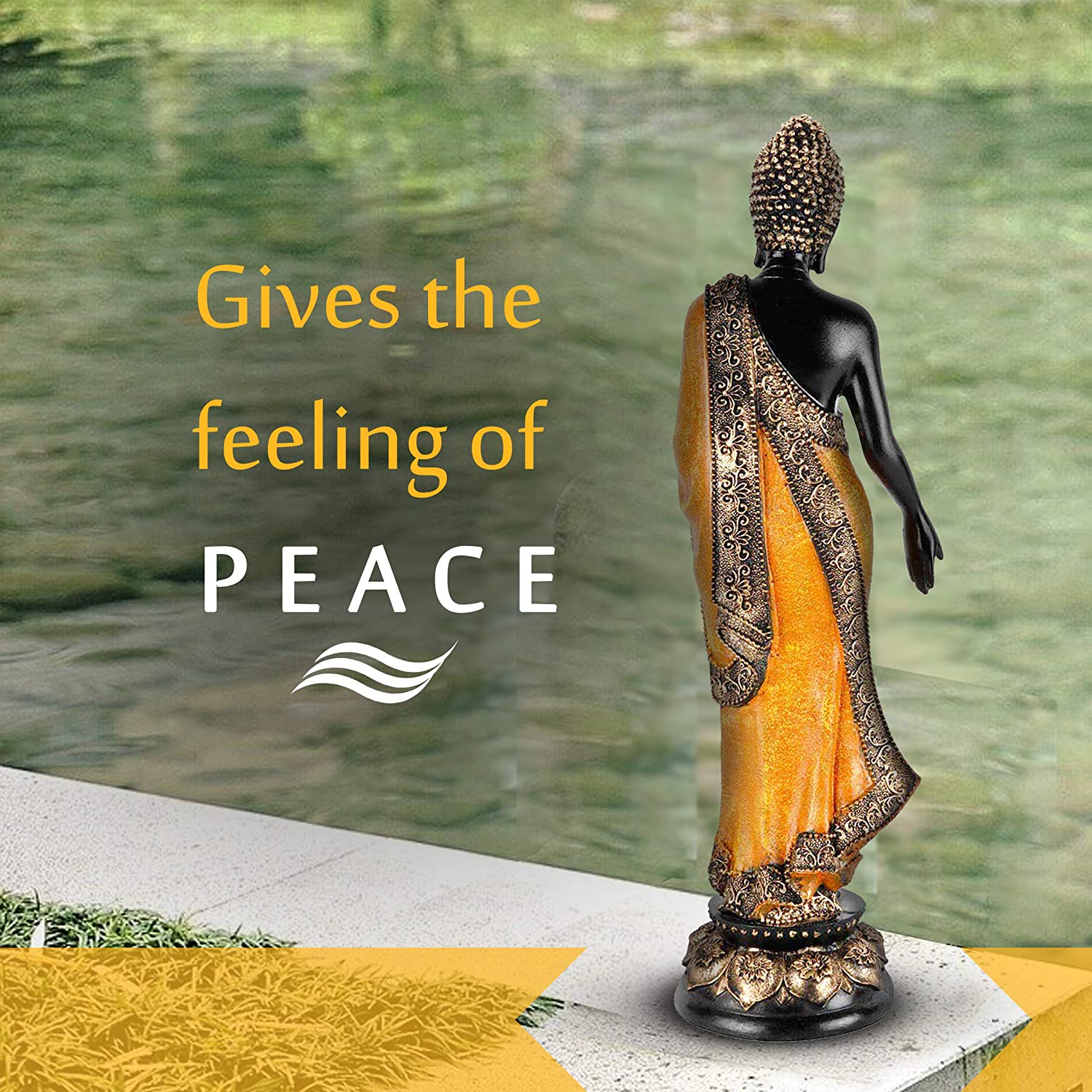 Small Resin Black and Yellow Standing Buddha Showpiece for Corner Table